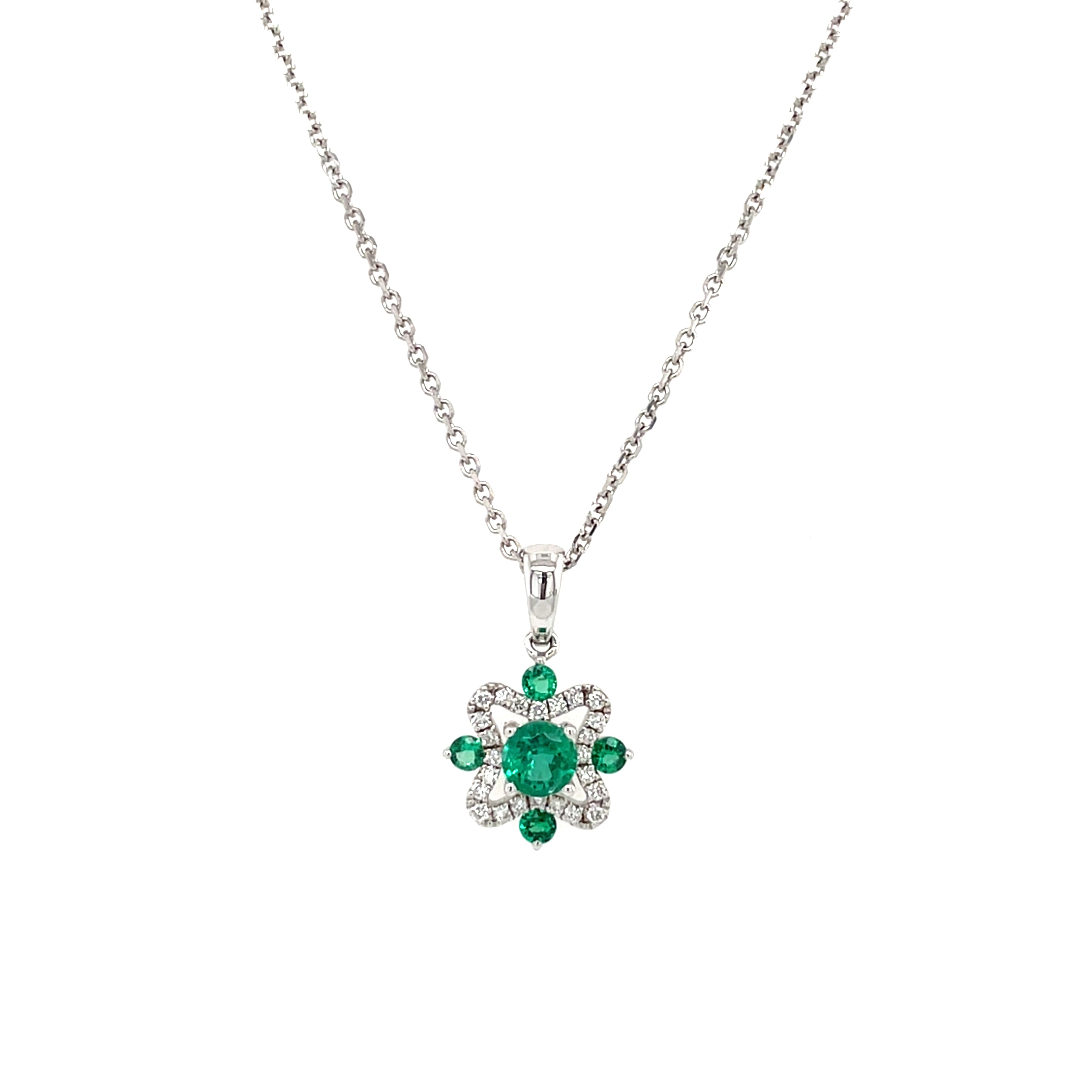 14K White Gold Emerald and Diamond Compass-Style Pendant on 18" Chain ...