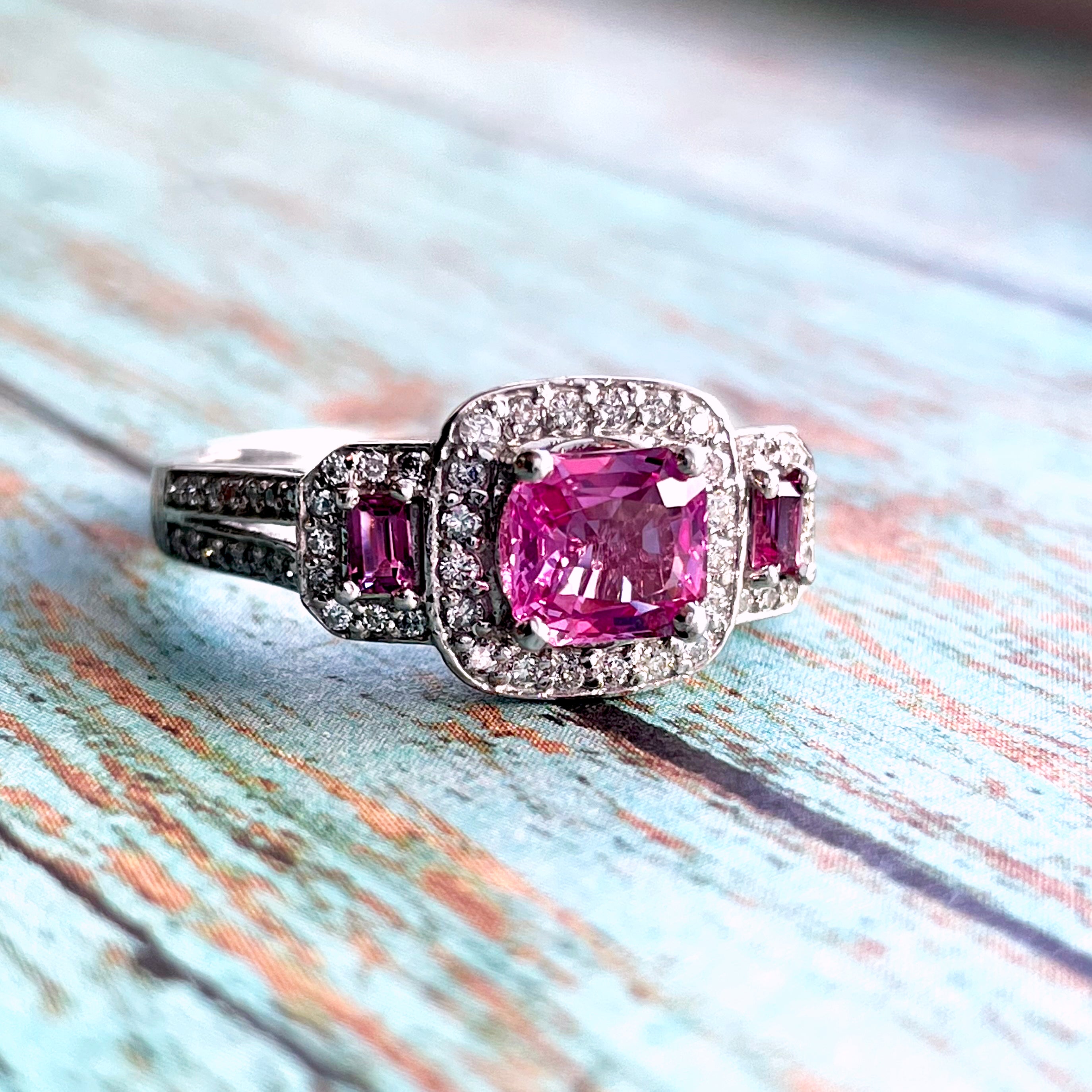 Estate 14K White Gold Radiant Cut Pink Sapphire Halo Ring – Dempsey ...
