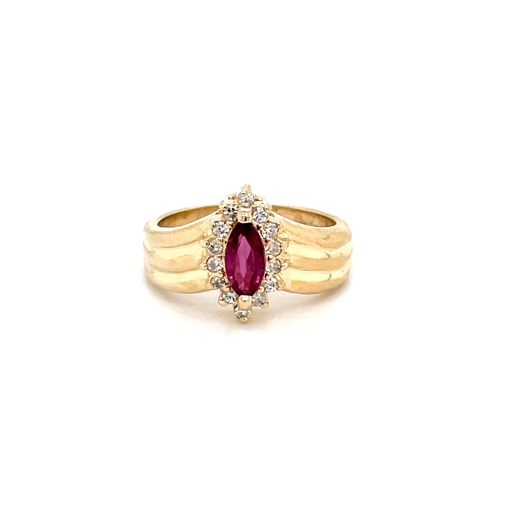 ESTATE 14K YELLOW GOLD CONTOUR RUBY RING FEATURING DIAMOND HALO ...